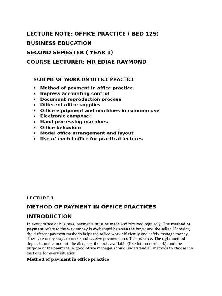 Office Practice Lecture Notes Overview | PDF | Cheque | Payments