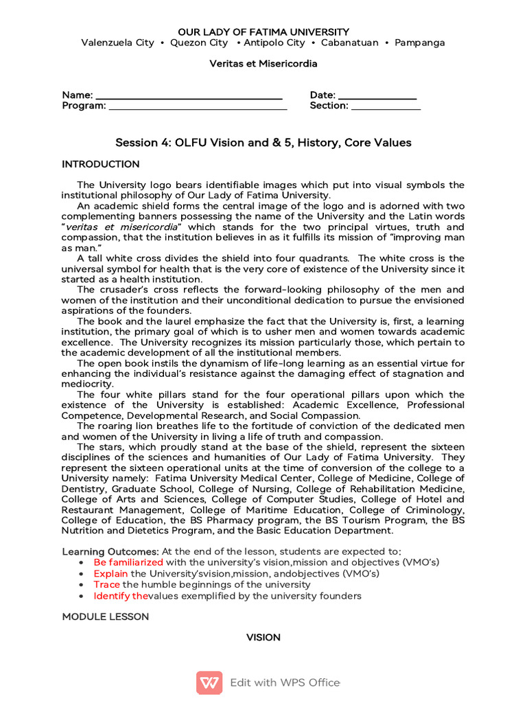 OLFU Vision, Mission, and History Overview | PDF