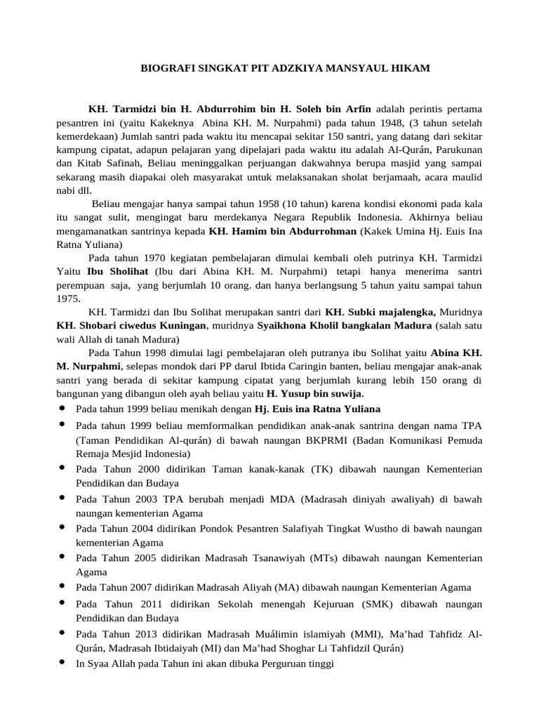 Biografi Singkat Pit Adzkiya Mansyaul Hikam | PDF