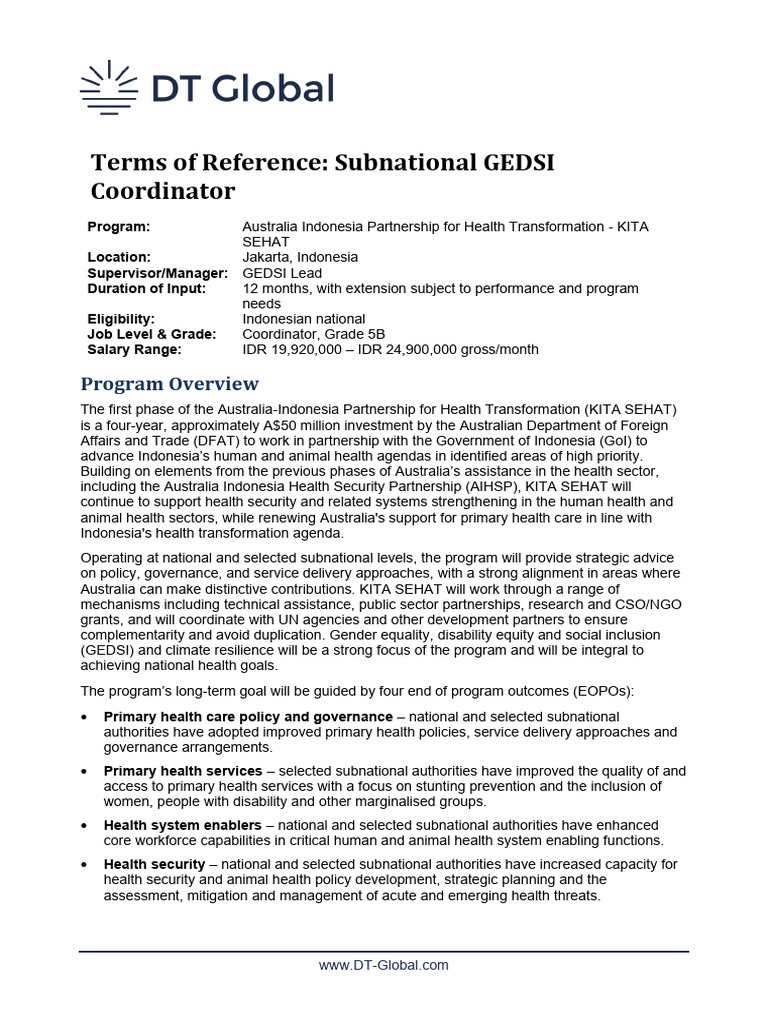 ToR - Subnational GEDSI Coordinator | PDF | Governance | Recruitment