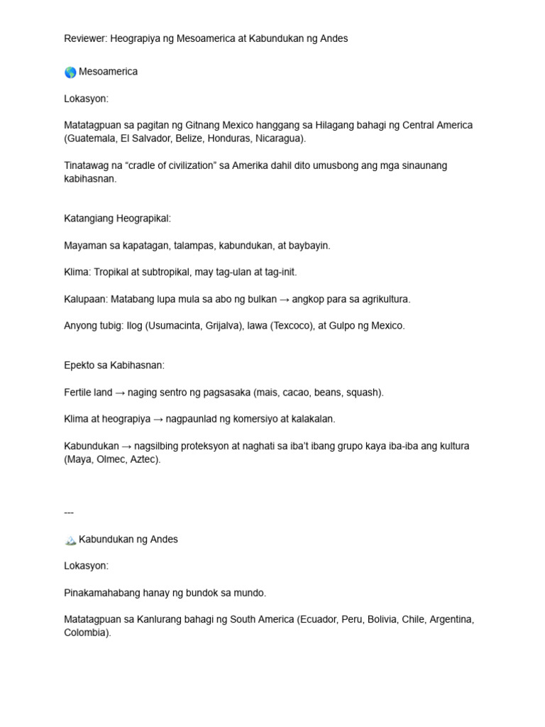 Reviewer Heograpiya NG Mesoamerica at Kabundukan NG Andes | PDF