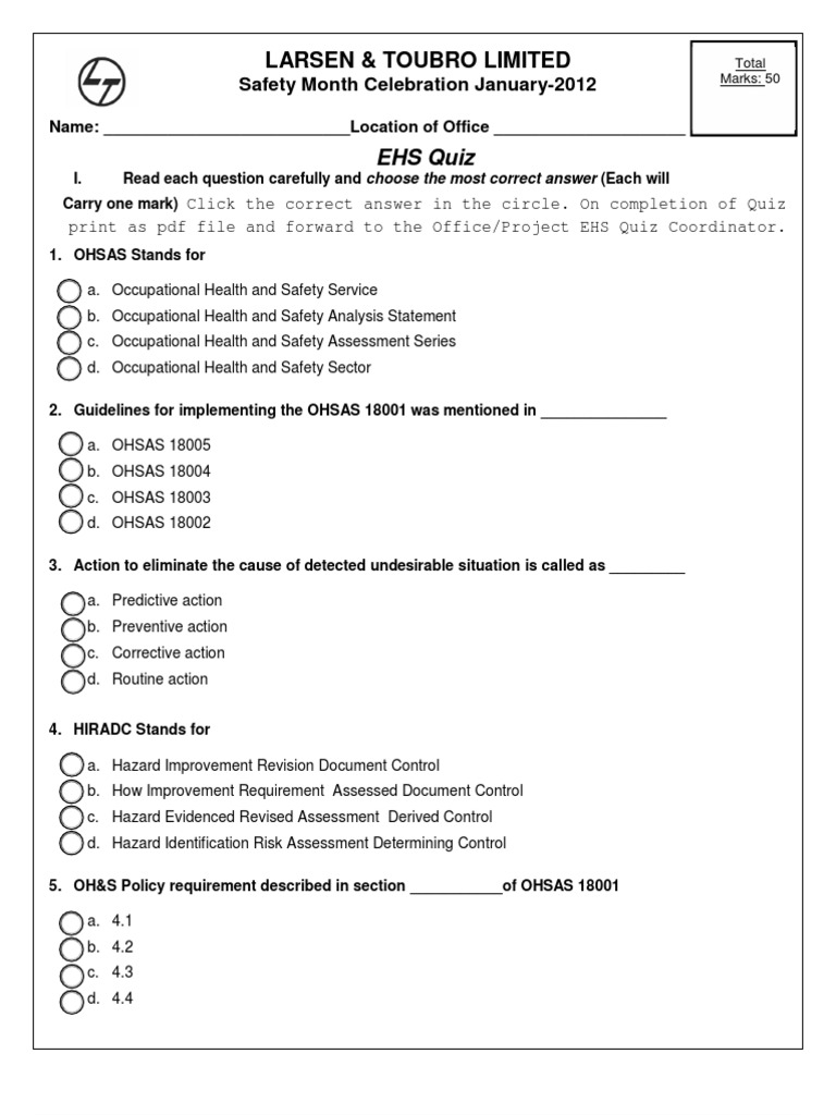 EHS Quiz Question 2012 | PDF | Electric Shock | Occupational Safety And ...