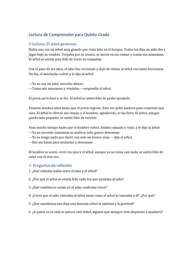Lectura Comprensiva: El Árbol Generoso | PDF