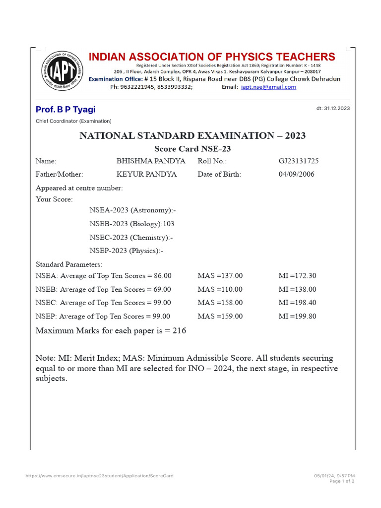 NSE 2023 Score Card for Bhishma Pandya | PDF