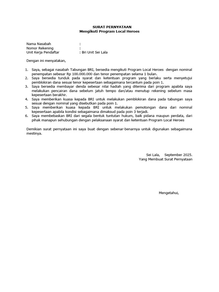 Surat Pernyataan Program Local Heroes | PDF