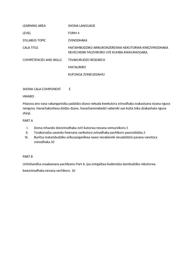 Hets Zvinodhaka Shona Cala Component e | PDF