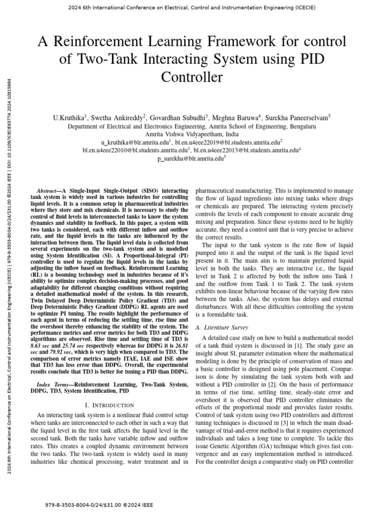 A Reinforcement Learning Framework For Control of Two-Tank Interacting ...