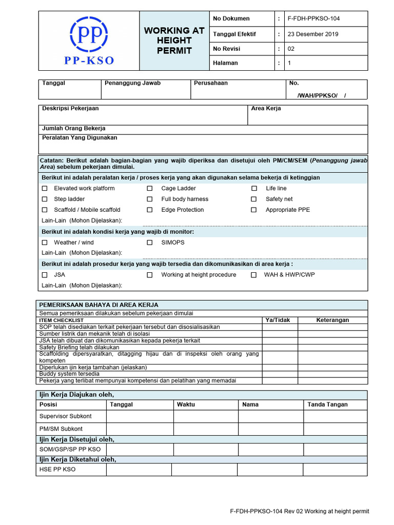 F-FDH-HSE-104-0 Form Working at Height Permit (PPKSO) Rev.2 | PDF