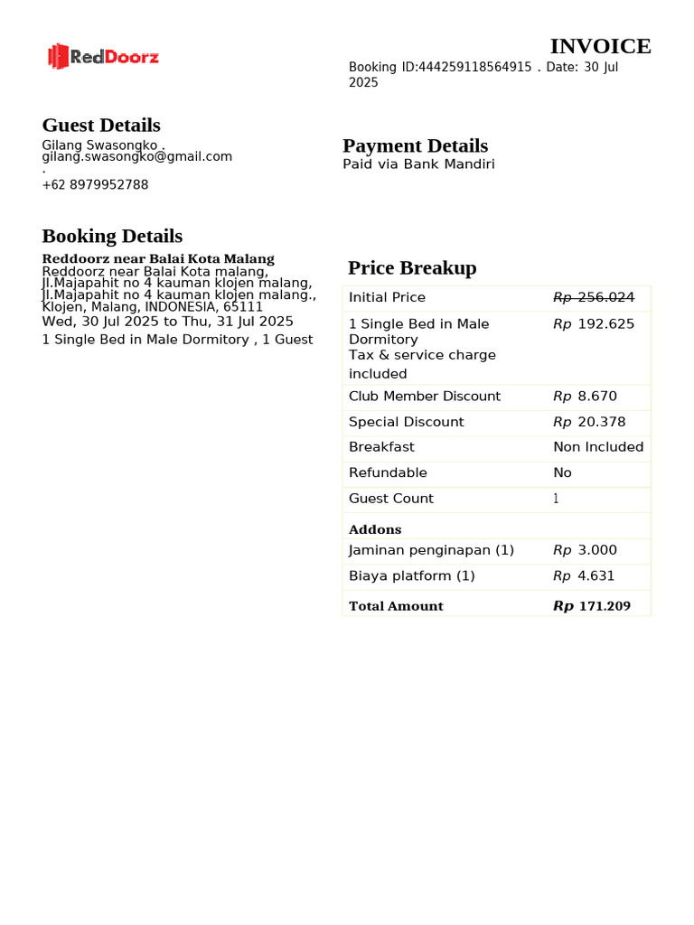 Malang Dormitory Booking Invoice | PDF