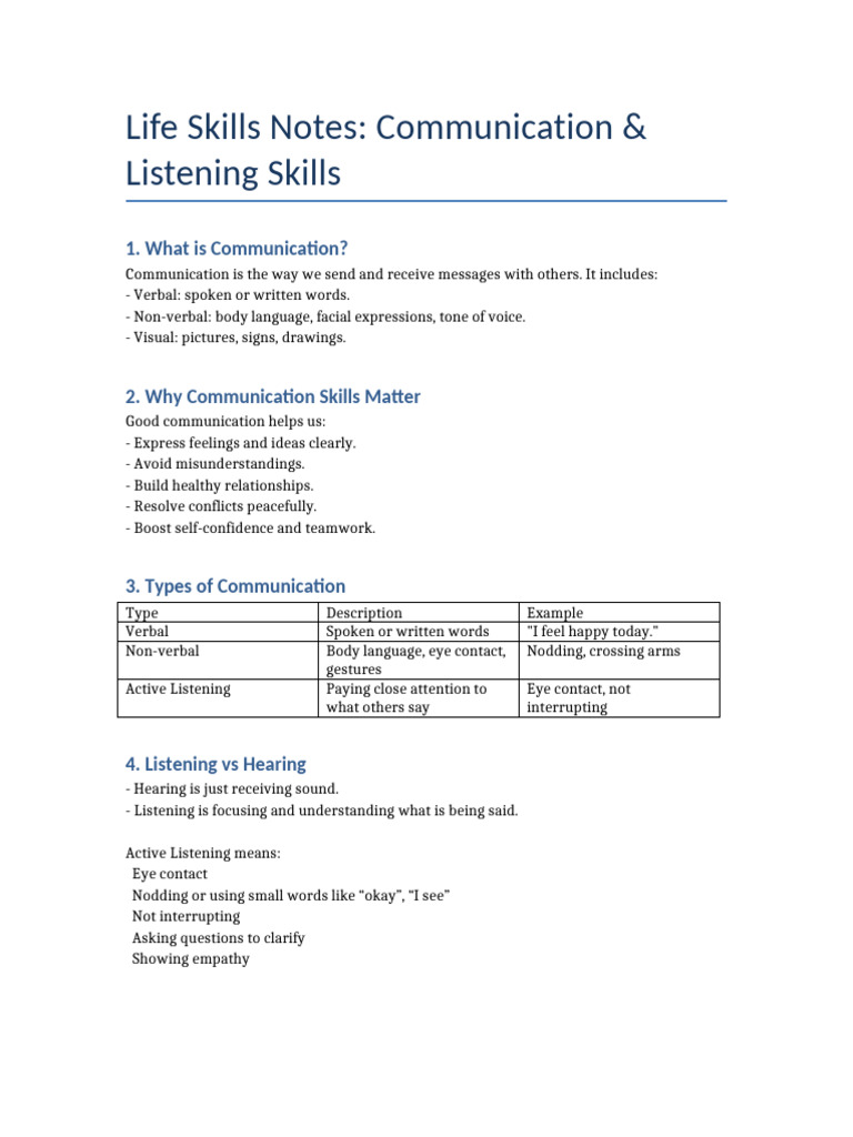 Communication and Listening Skills Life Skills Notes | PDF