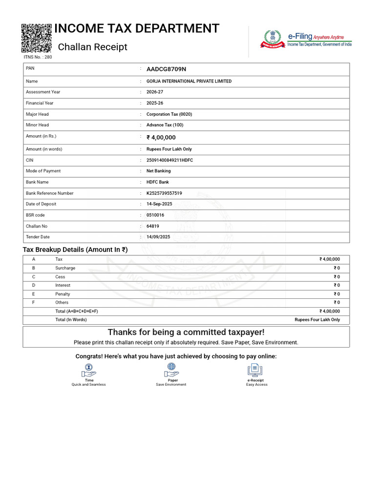 Income Tax Challan Receipt 2026-27 | PDF | Taxes | Money