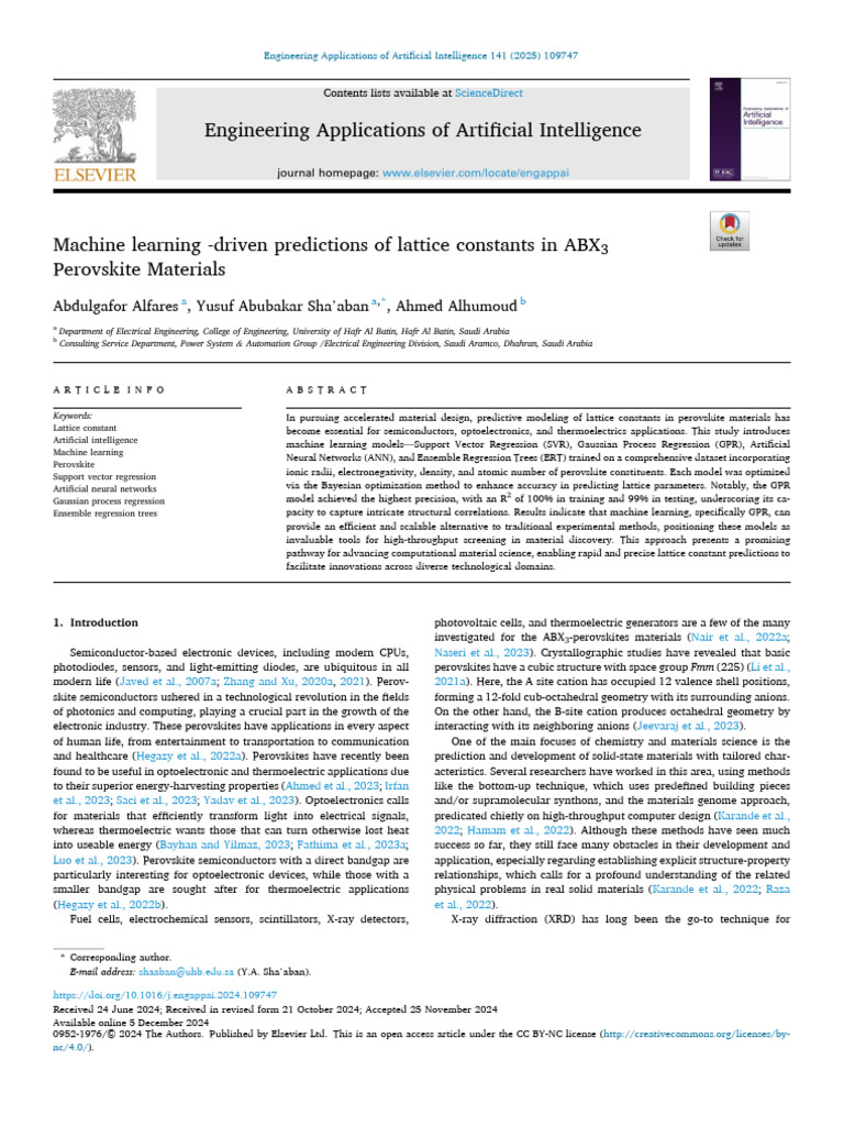 Machine learning -driven predictions of lattice constants in ABX3 Perovskite Materials | PDF ...