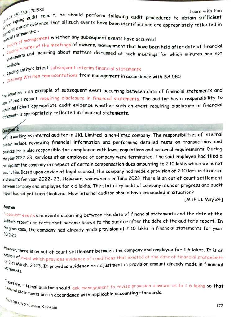 Internal Audit and Subsequent Events | PDF | Auditor's Report | Business