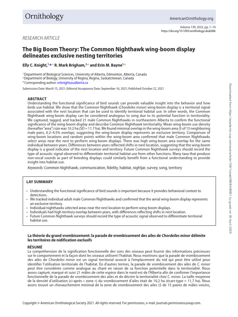 The Common Nighthawk Wing-Boom Display Delineates Exclusive Nesting ...