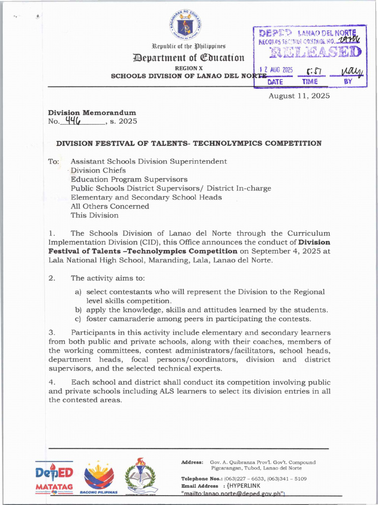 Division Festival of Talents-Technolympics Competition | PDF