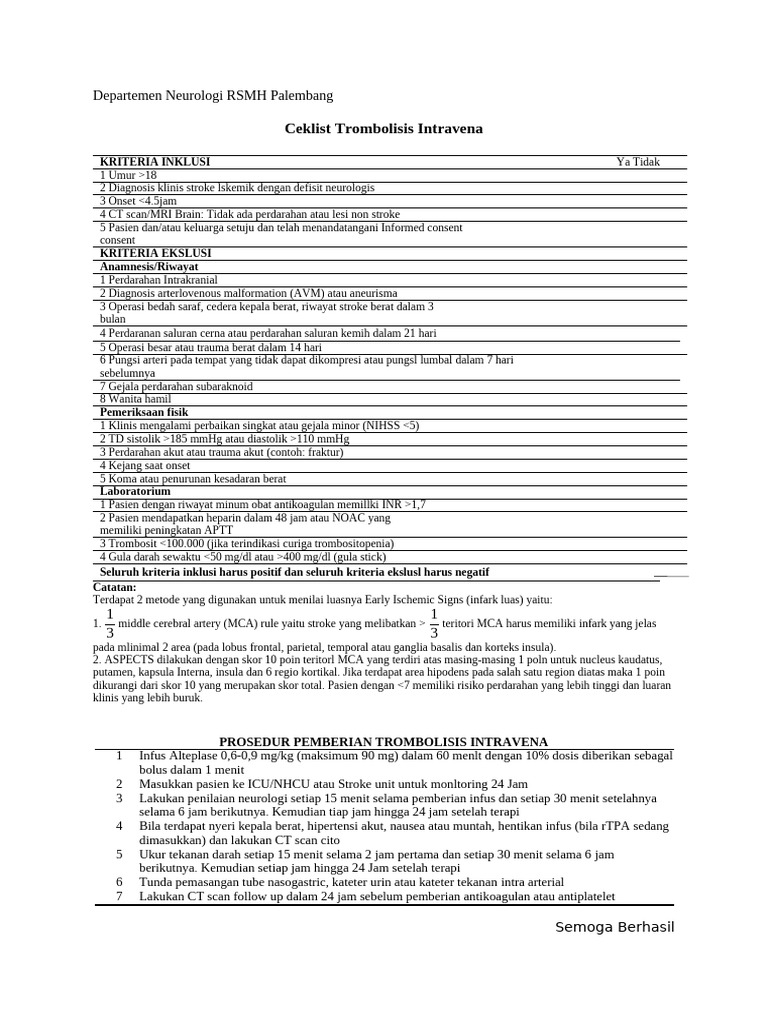 Ceklist Layanan Trombolisis Intravena | PDF