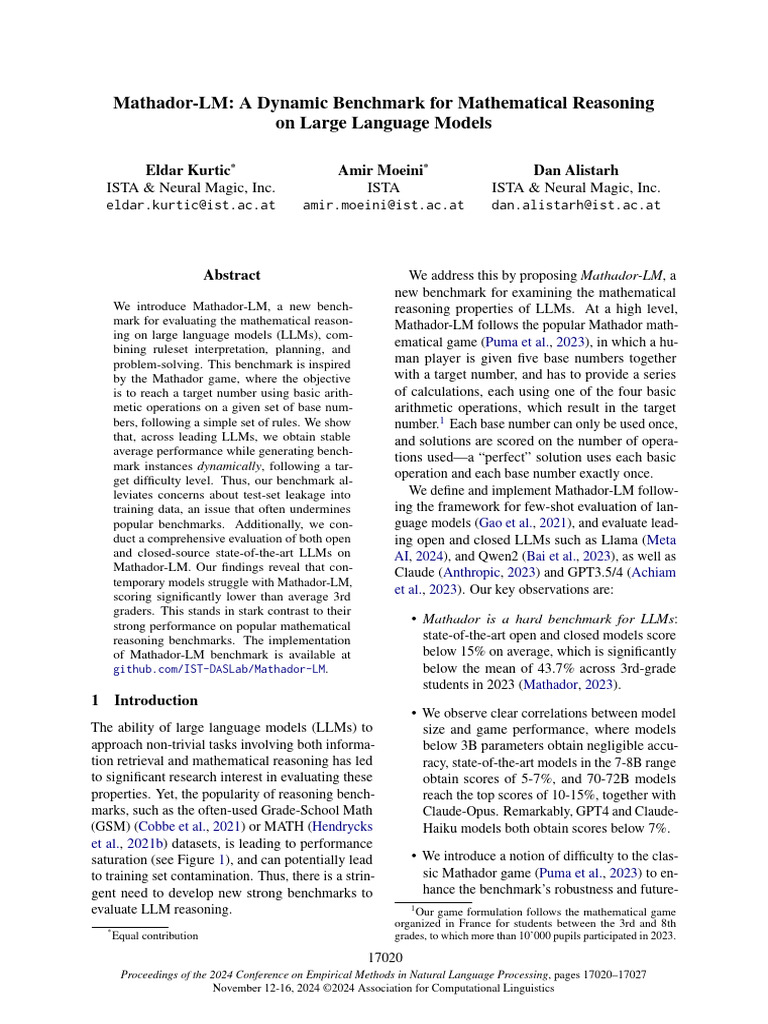 Mathador-LM: Benchmark for Math Reasoning | PDF | Artificial ...
