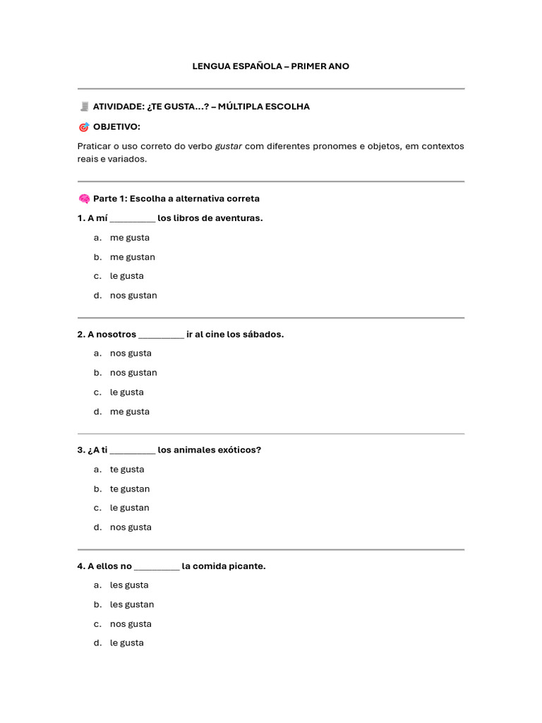 Ejercicios de "gustar" en español | PDF