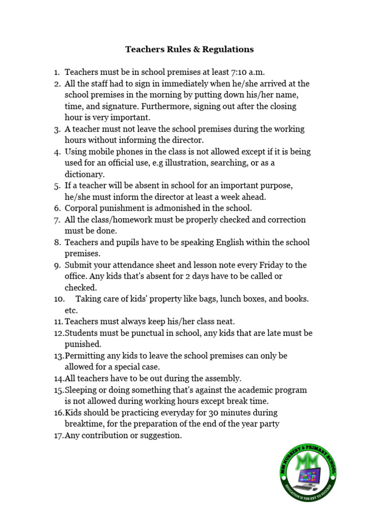 Teacher Rules and Regulations 2023 | PDF
