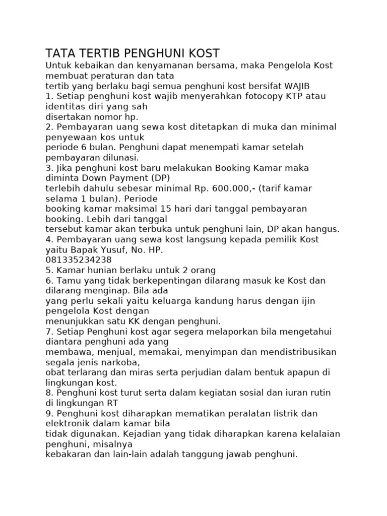 Tata Tertib Penghuni Kost | PDF
