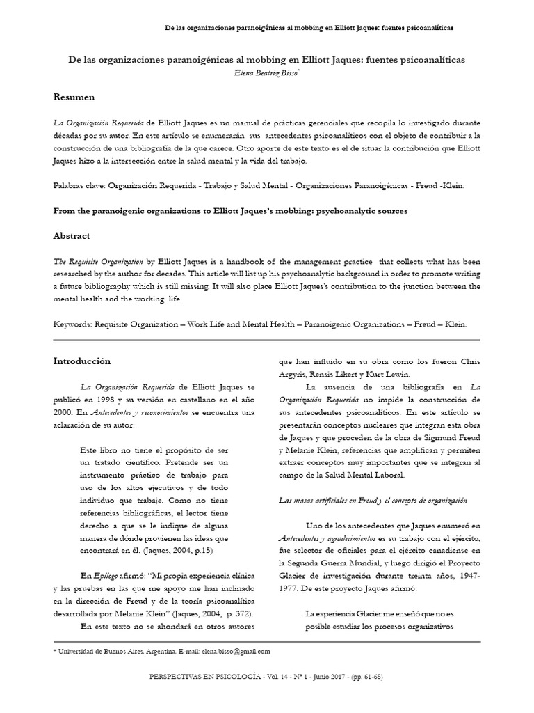 Mobbing y psicoanálisis en Jaques | PDF | Psicoanálisis | Sicología