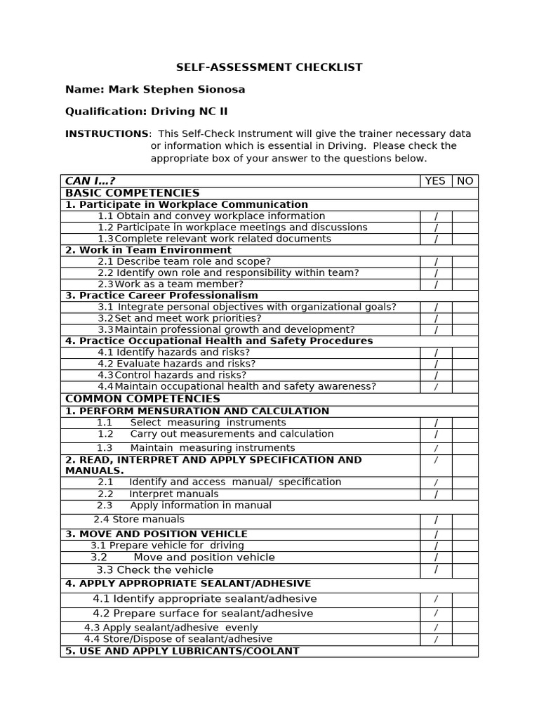 PTS 3 Self Assessment Checklist | PDF | Occupational Safety And Health | Risk