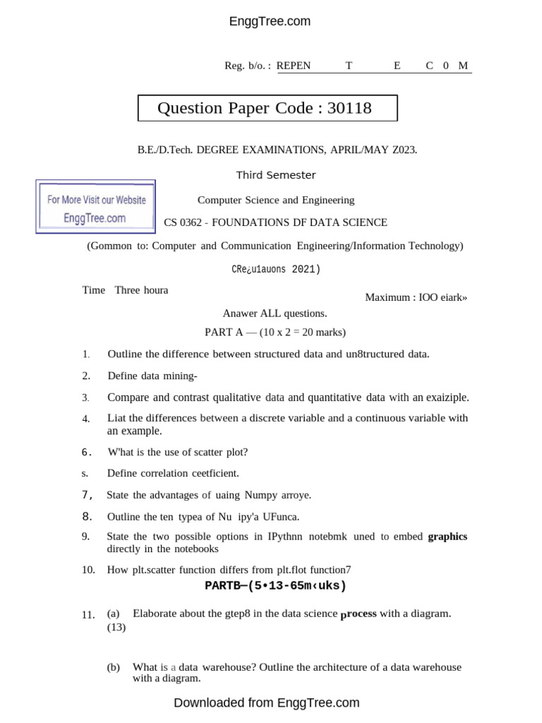 CS3352 Foundations of Data Science Exam | PDF | Data Analysis | Statistics