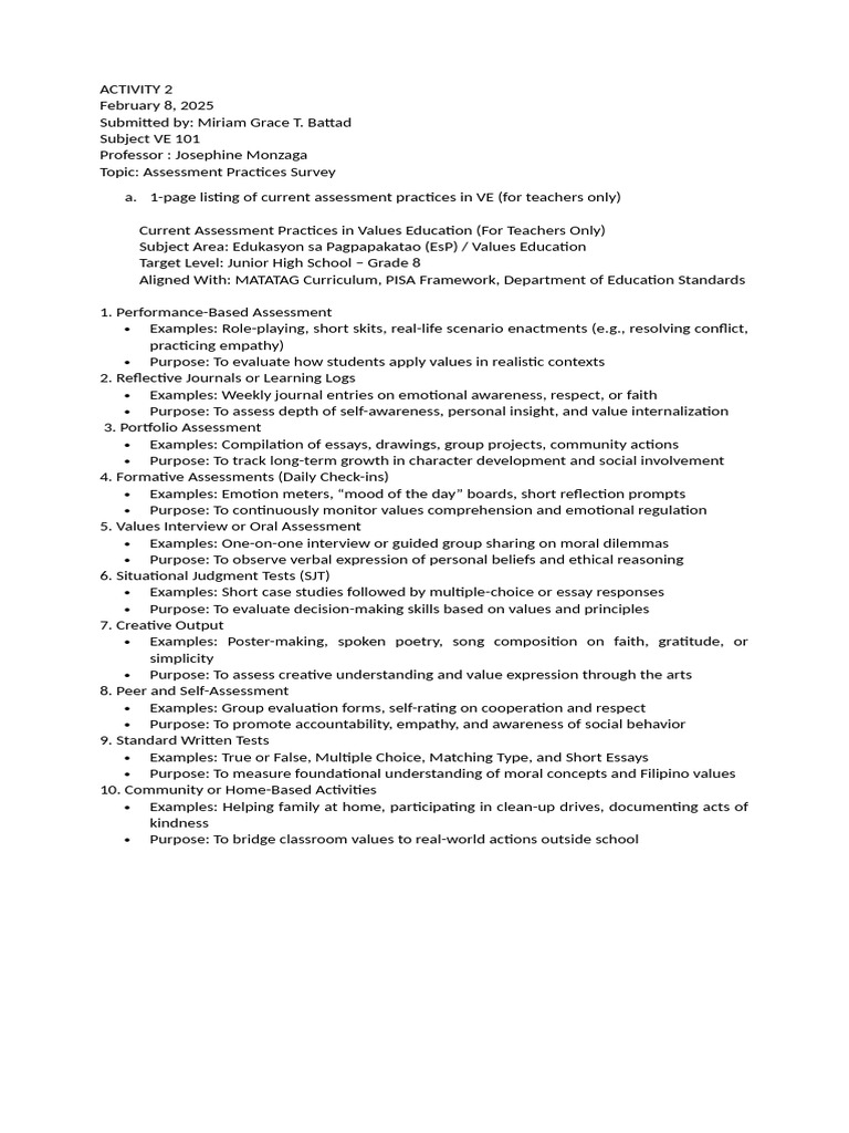 Asynchronous Activity 2 Ve 108 Miriam Grace T. Battad | PDF | Educational Assessment | Value ...