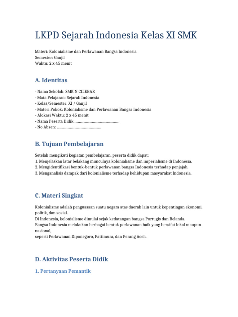 LKPD Sejarah Kolonialisme Kelas XI SMK | PDF