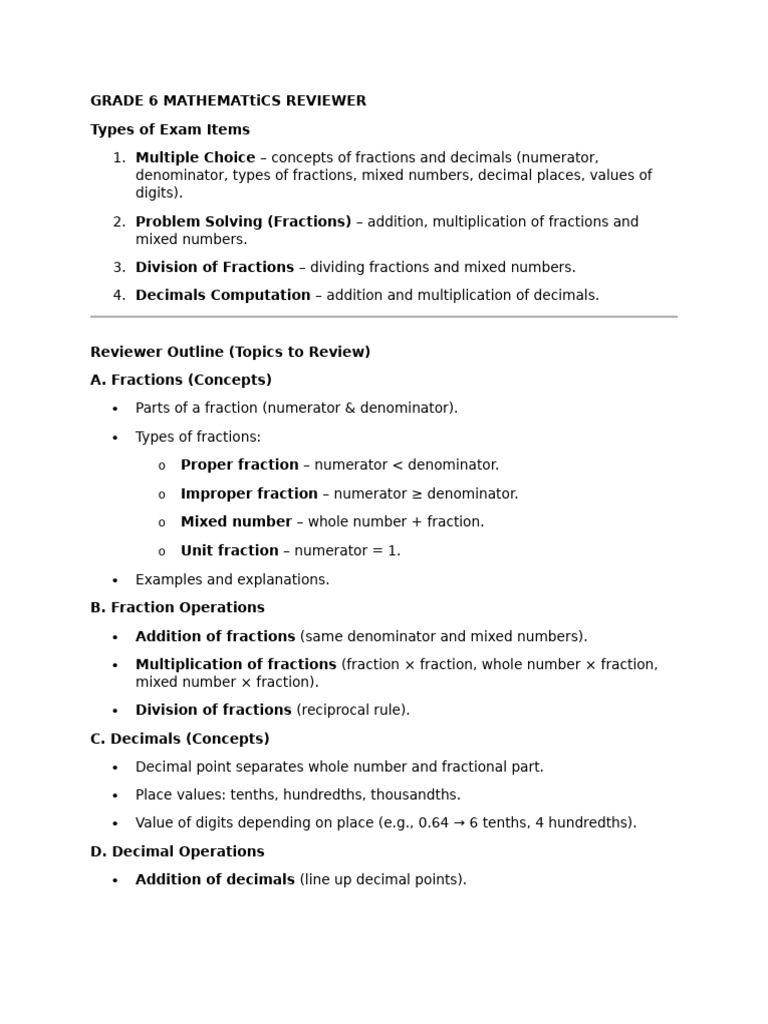 Grade 6 Math: Fractions & Decimals Review | PDF