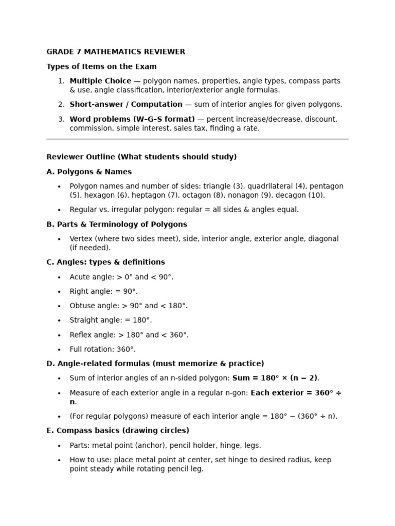 Grade 7 Math Exam Reviewer Guide | PDF | Polygon | Angle