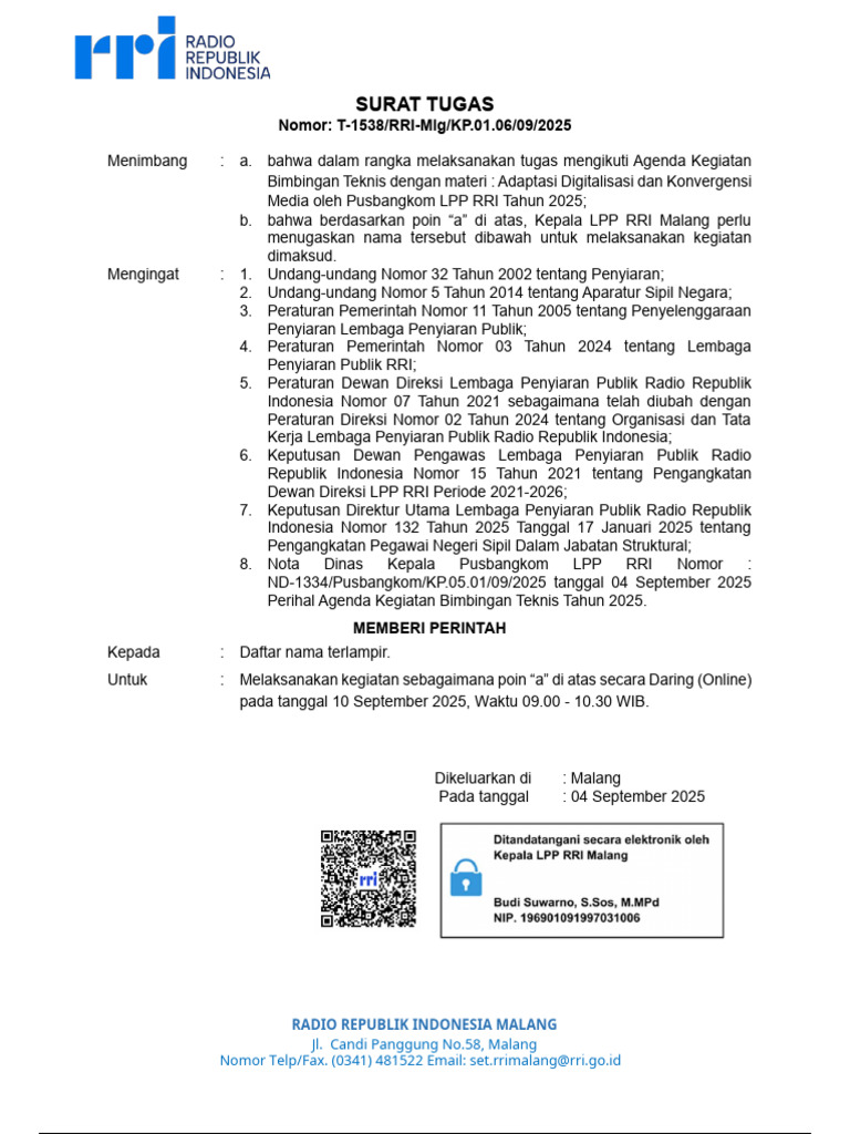 Surat Tugas Adaptasi Digitalisasi Dan Konvergensi Media Pusbangkom Lpp Rri | PDF