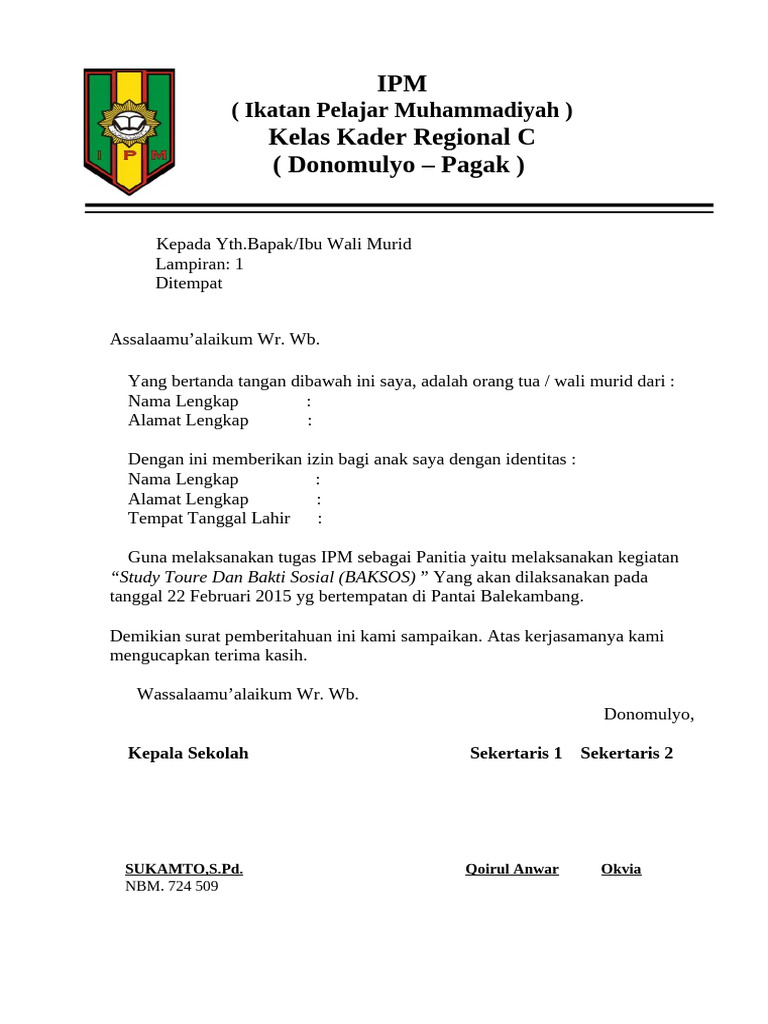 Izin Kegiatan Study Tour IPM 2015 | PDF