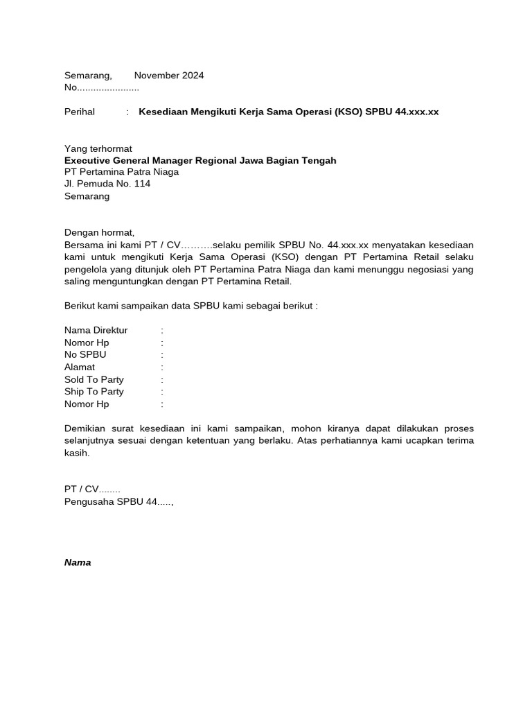 Surat Kesediaan KSO SPBU | PDF