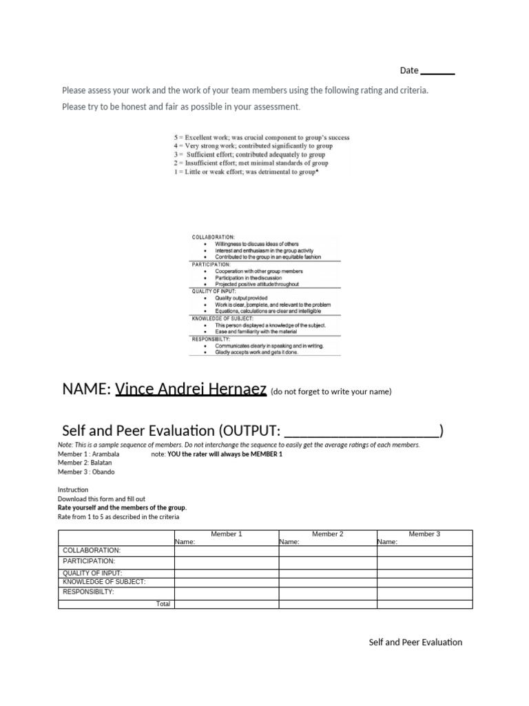 Self and Peer Evaluation Form | PDF