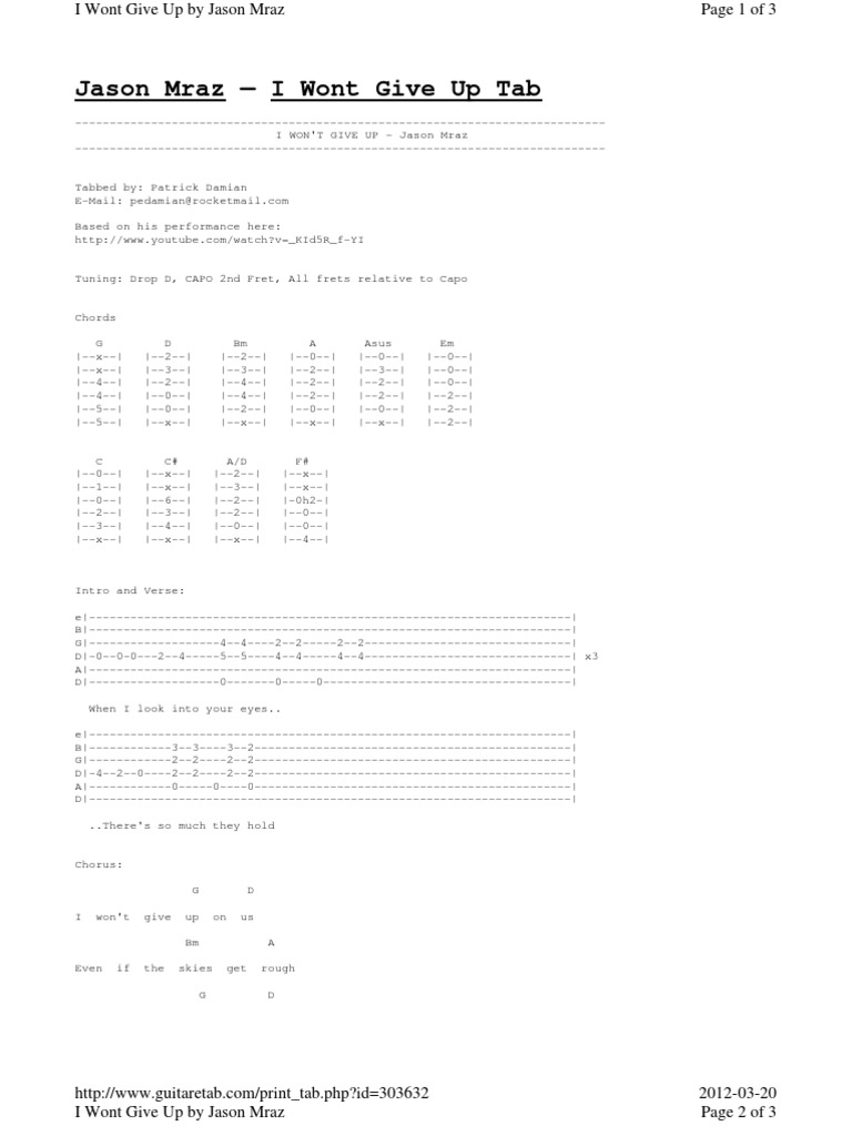 Jason Mraz - I Wont Give Up Tab | PDF | Song Structure | Songs