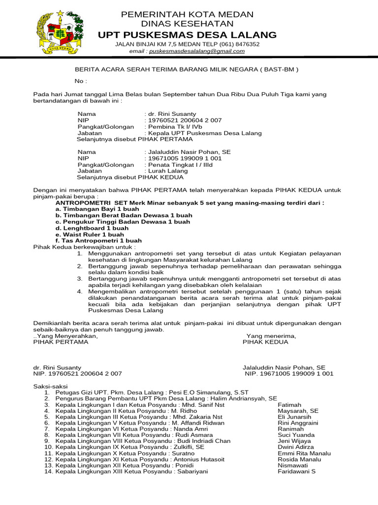 Berita Acara Serah Terima Barang Antropometri 2023 - Lalang | PDF