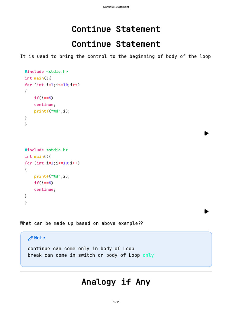 Understanding the Continue Statement in Loops | PDF
