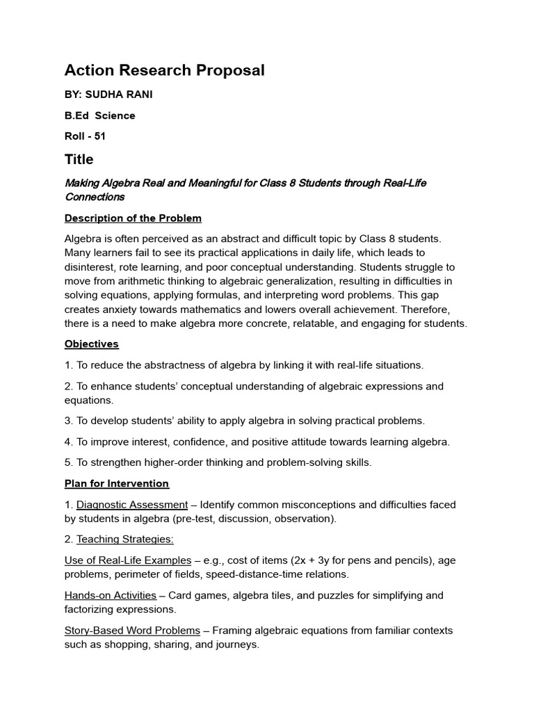 Action Research Proposal Pdf Algebra Mathematics