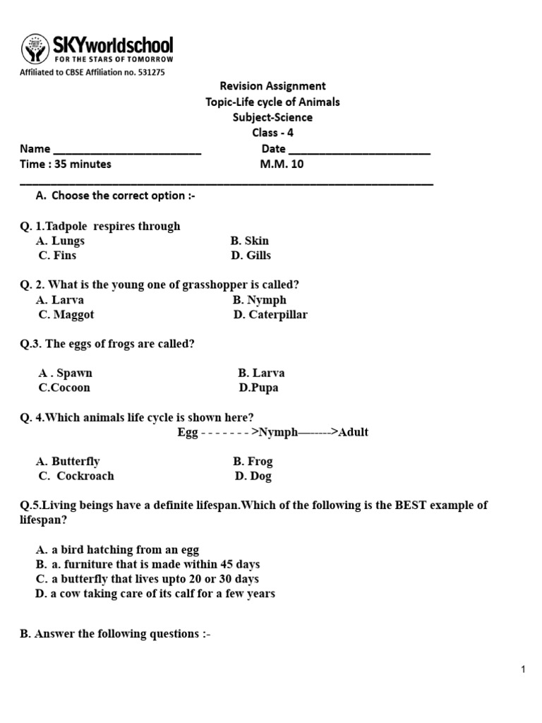 Life Cycle of Animals Assignment for Class 4 | PDF