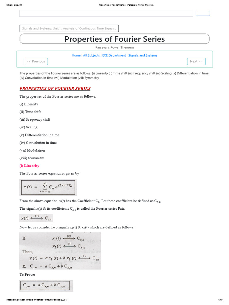 Properties of Fourier Series - Parseval's Power Theorem | PDF | Fourier Series | Laplace Transform