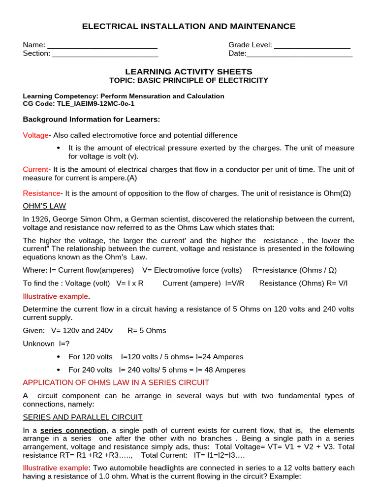 Basic Principles of Electricity Guide | PDF | Series And Parallel ...