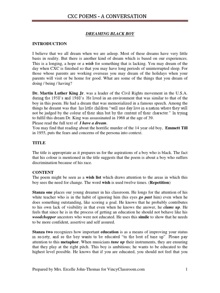 CXC Poem Dreaming Black Boy | PDF | Dream | Poetry