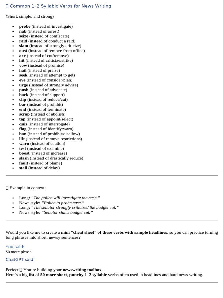 Strong Verbs for News Headlines | PDF