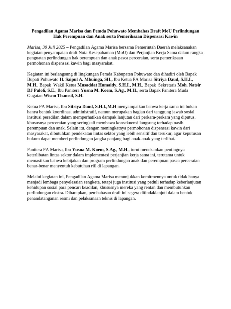 Pengadilan Agama Marisa Dan Pemda Pohuwato Membahas Draft MoU ...