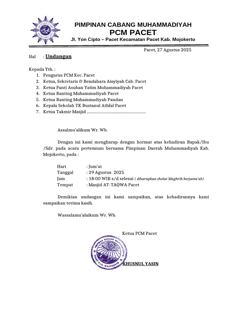 Undangan Pertemuan Pimpinan Muhammadiyah | PDF