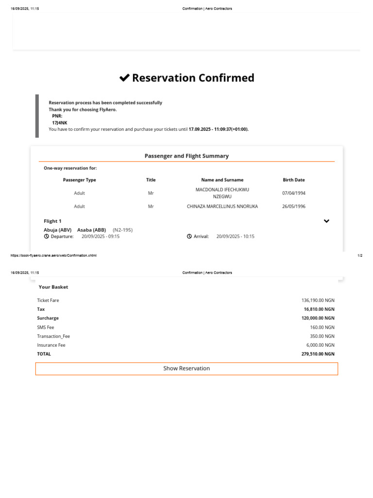 FlyAero Reservation Confirmation | PDF | Public Transport | Airlines