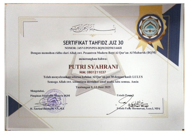 Putri Syahrani Sertifikat | PDF