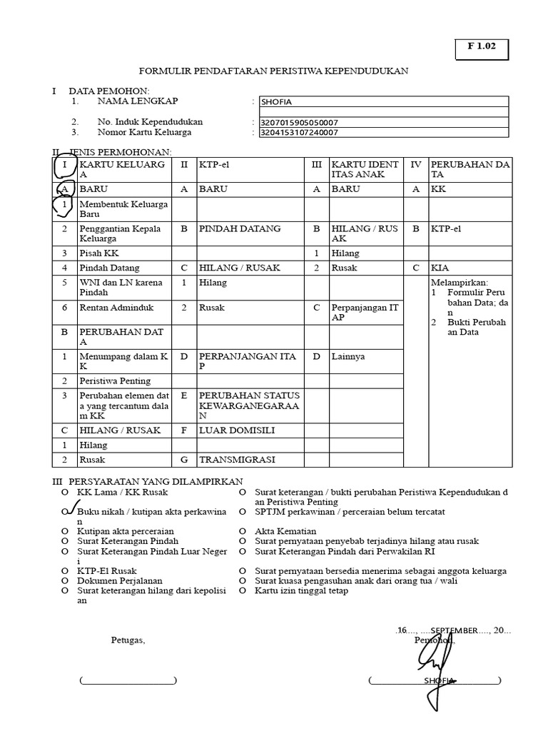 Formulir Pendaftaran Peristiwa Kependudukan | PDF