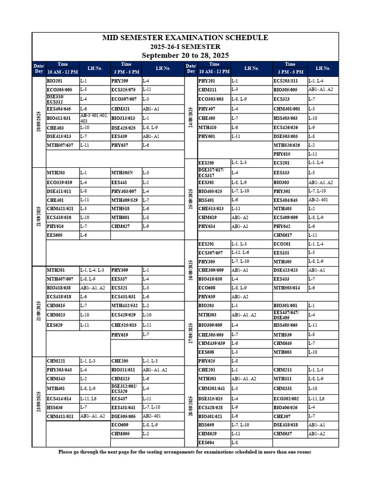 Mid Sem Schedule | PDF